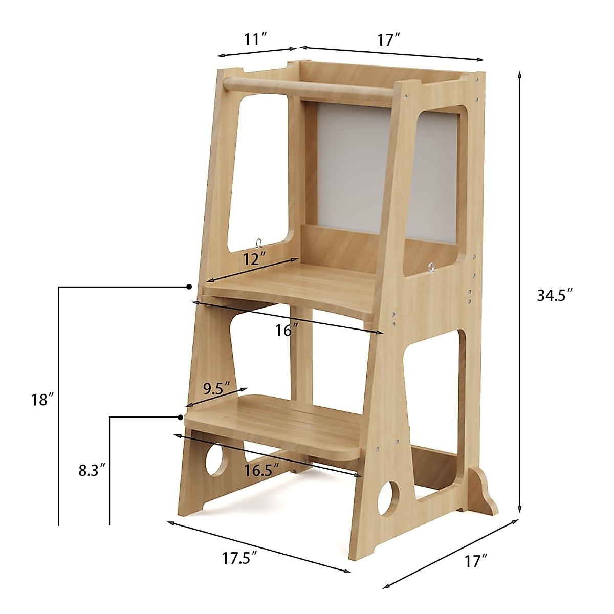 4 in 1 Kitchen Toddler Step Stool, Kids Learning Standing Tower Stool Helper with Safety Rail & White Board for Writing Drawing, Bathroom Potty Stool with Non-Slip Steps (Natural Wood)