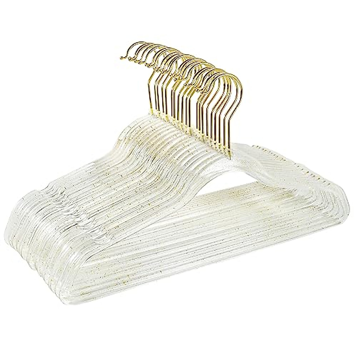 Clear Plastic Hangers 20 Pack - Non-Slip Coat and Clothes Hangers with Bling Glitter for Weddings - Lightweight and Space Saving Hangers for Closet Organization (Gold Glitter)