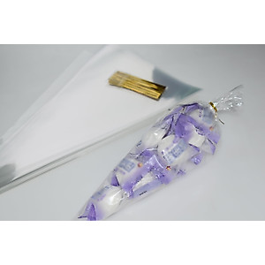 Hustar Cone Treat Bags, 7"x15" 100pcs Large Clear Cellophane Bags for Popcorn with 100pcs ties