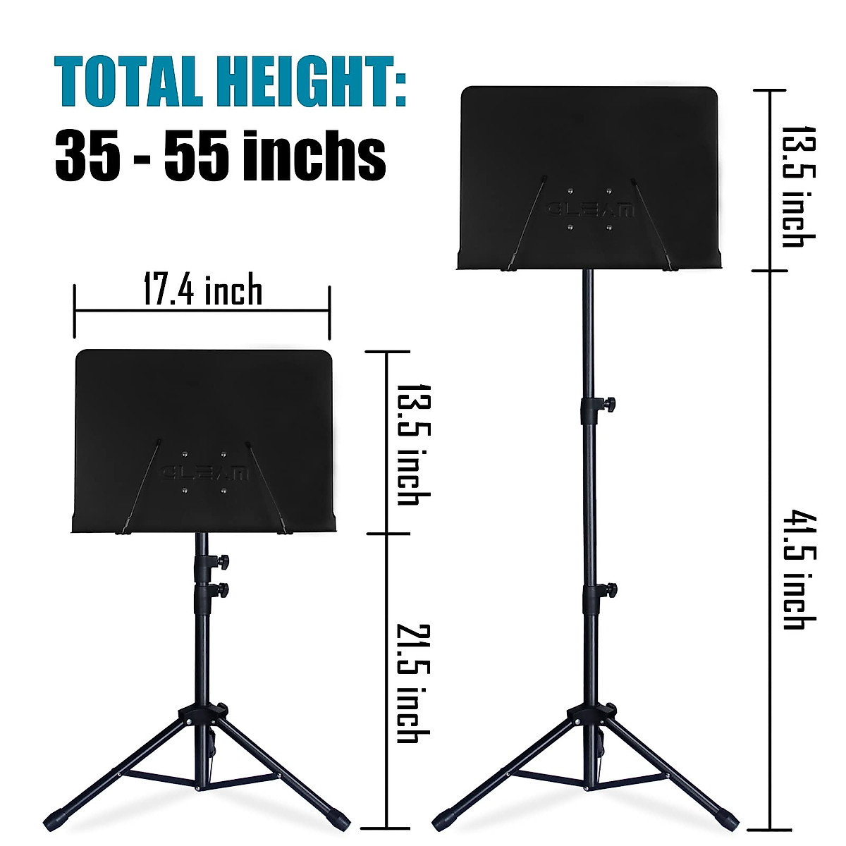 GLEAM Sheet Music Stand - Full Metal with Carrying Bag, Phone Holder, Sheet Music Folder and Clip, 5 in 1 Desktop Book Stand