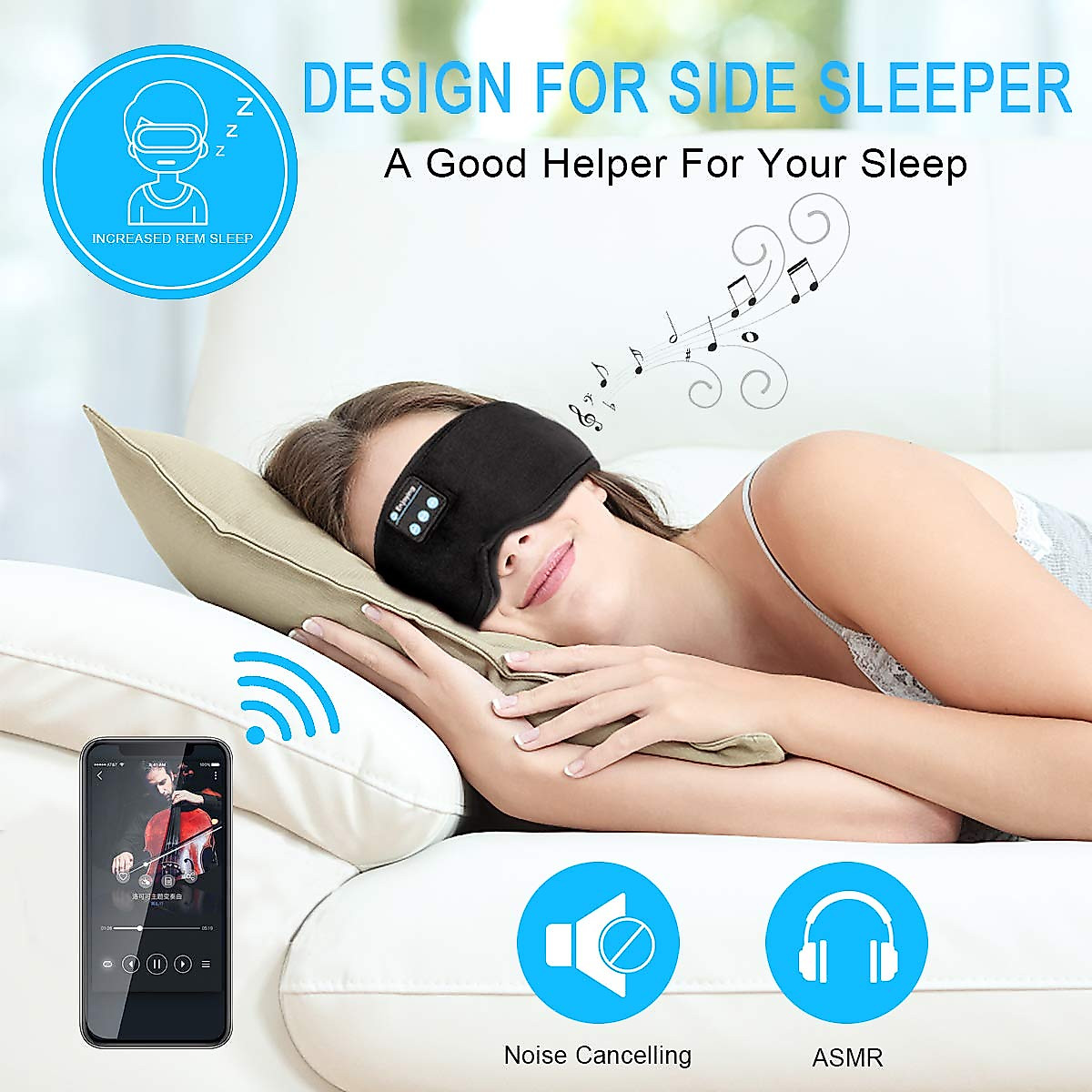 Sleep Headphones, Update Wireless 3D Eye Mask with Ultra-Thin HD Stereo Speakers for Side Sleepers, Air Travel, Meditation and Relaxation Black
