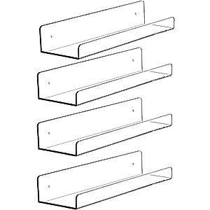 15 inch Clear Acrylic Floating Wall Ledge Shelf Display,4pcs Wall Mounted Nursery Kids Bookshelf Invisible Spice Rack, Bathroom Storage Shelves Display for Bedroom Office Toy Picture Ledge, 5MM Thick