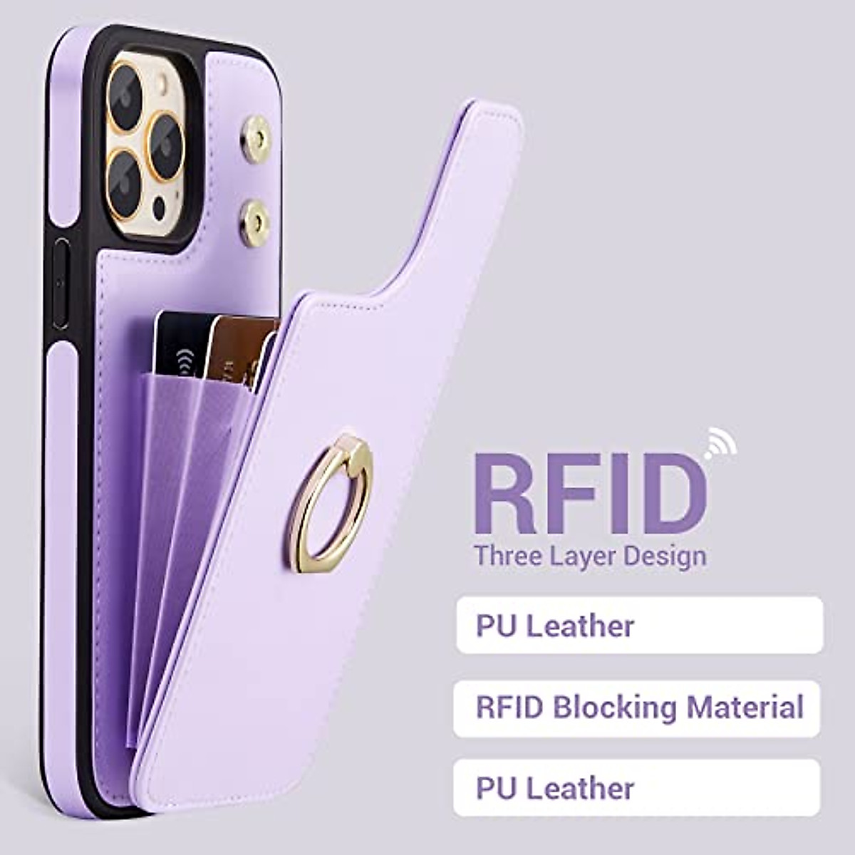 Elteker Phone Case Compatible with iPhone 14 Pro Case with Card Holder,RFID Blocking Wallet Case for Women with Ring-Holder Case for iPhone 14 Pro - Purple