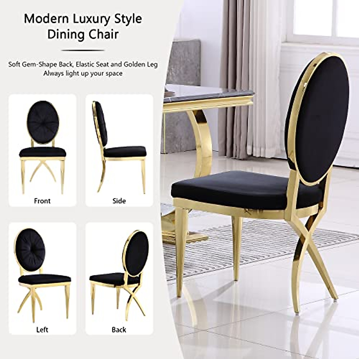 ACEDÉCOR Dining Chair Set of 4, Black Velvet Dining Room Chair with Round Back & Gold Unique Legs, Luxurious Dining Chair in Black and Gold