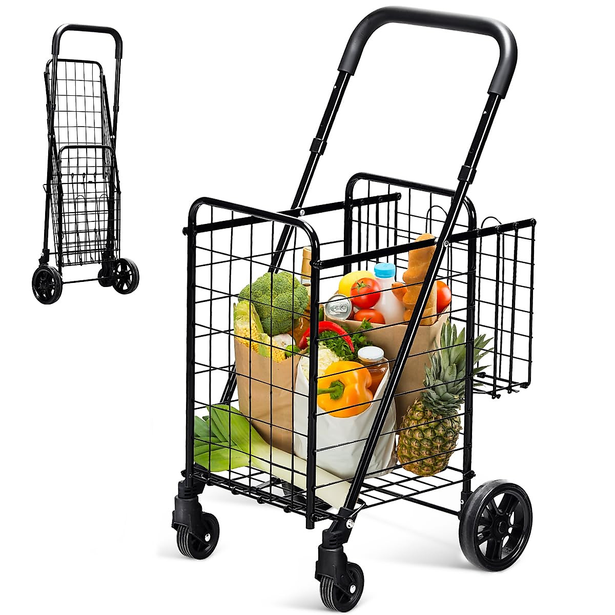 Byroce Utility Folding Shopping Cart, Light Weight Trolley with Handle, Large Grocery Utility Cart with Swiveling Wheels and Dual Storage Baskets, Ideal for Laundry Book Luggage Travel (Black)