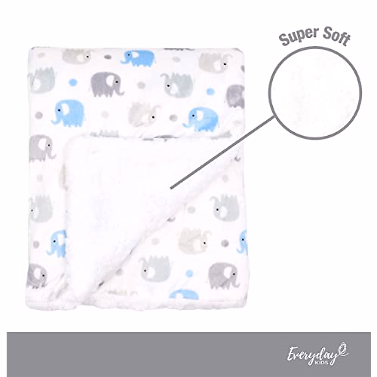 EVERYDAY KIDS Large Ultra Soft Gray and Blue Elephant Minky Baby Blanket for Boys Mink and Sherpa Toddler and Baby Boy Blanket Measures 30 x 40”; Trendy Animal Elephant Baby Nursery Decor