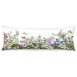 Body Pillow Cover,Border with Herbs and Wild Flowers, Leaves Printed Long Pillow Cases Protector with Zipper Decor Soft Large Covers Cushion for Beding,Couch,Sofa,Home Gift 20"x54"