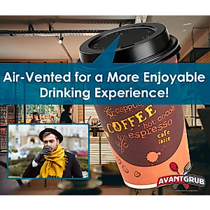 Avant Grub 100 Pack 12 Oz Restaurant Grade Paper Coffee Drinking Cup With Recyclable Dome Lids. Durable, BPA Free Disposable Designer Cups For Hot Drinks At Kiosks, Shops, Cafes