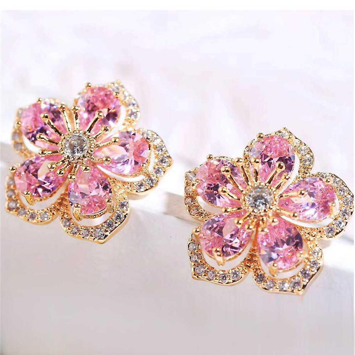 DAMLENG Handmade Chic Boho Pink Rhinestone Flower Statement Stud Earrings with Gold Flower Bud for Women Sister Mom Lover and Friends (Pink)