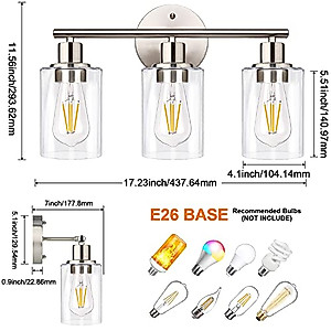 3-Light Bathroom Light Fixtures, Brushed Nickel Vanity Light, Farmhouse Wall Lights with Clear Glass Shade, Bathroom Wall Lamp for Mirror Kitchen Bedroom Hallway Living Room Hallway Cabinet