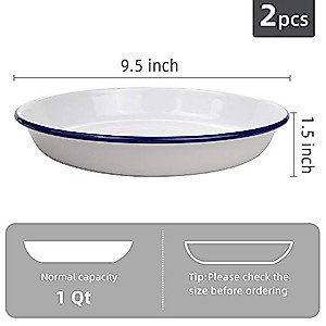 Webake 9.5 Inch Enamel Plates, 2 Pack Salad Pasta Bowls Enamelware Dinner Plates White Body with Blue Rim, Serving Trays for Dinner, Outdoor, Picnic, BBQ, Butter