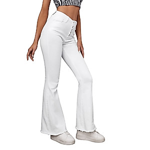 SweatyRocks Women's Casual High Waisted Flare Leg Jeans Raw Hem Bell Bottom Denim Pants White XS