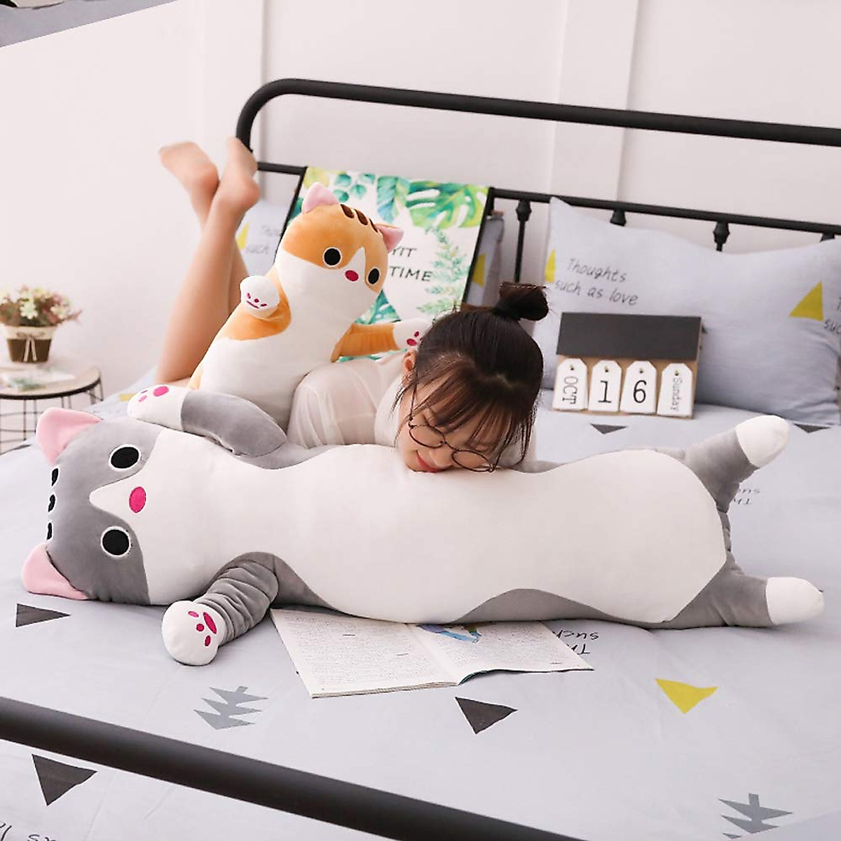 Jensquaify Long Cat Plush Pillow, Cat Stuffed Animals Body Pillow Cute Kitten Plush Hugging Pillow Toy Gifts for Kids (Gray, 19.68 inch)