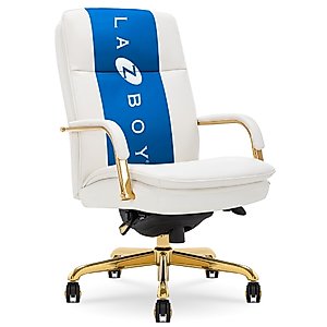 La-Z-Boy® Opus Executive Mid-Back Office Chair, Channel-Tufted Seat and Back, Double-Layer Cushion, Padded Arms, Ergonomic Computer Desk Chair, Swivel Metal Base, Bonded Leather, White and Gold