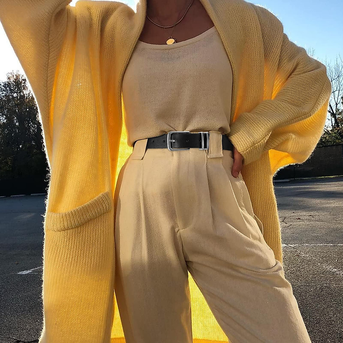 WHIPPY Women Casual Leather Belt for Jeans Pants, Fashion Ladies Waist Dress Belt Silver Buckle Black L