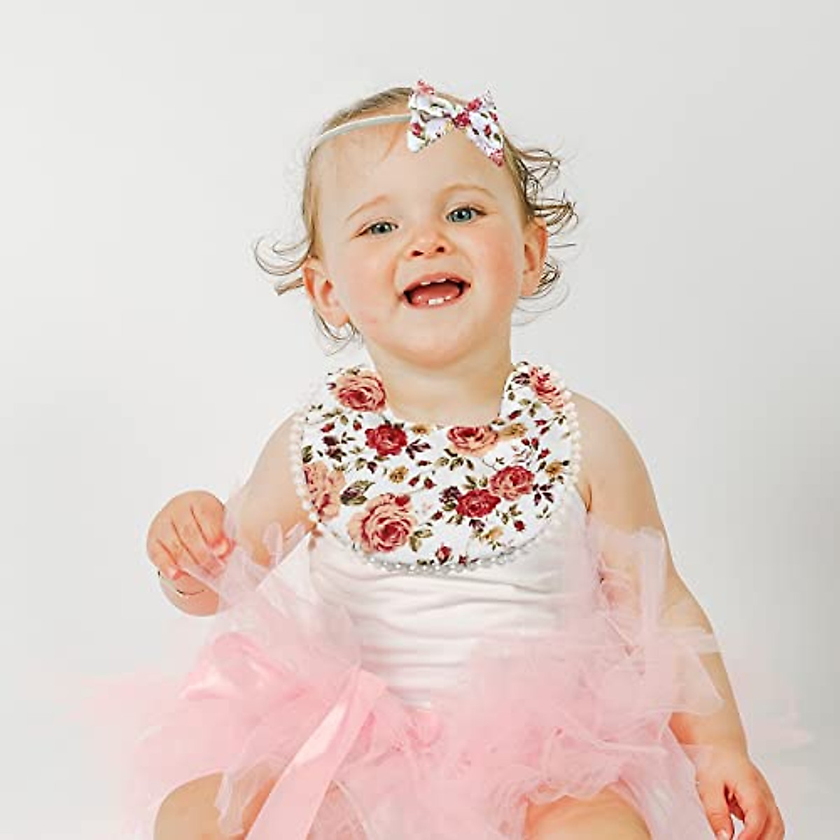 KIDOCHEESE Baby Bibs for Girls Reversible Boho Double-Deck Cotton Drooling Bibs with Nylon Headband Set (SET-02)