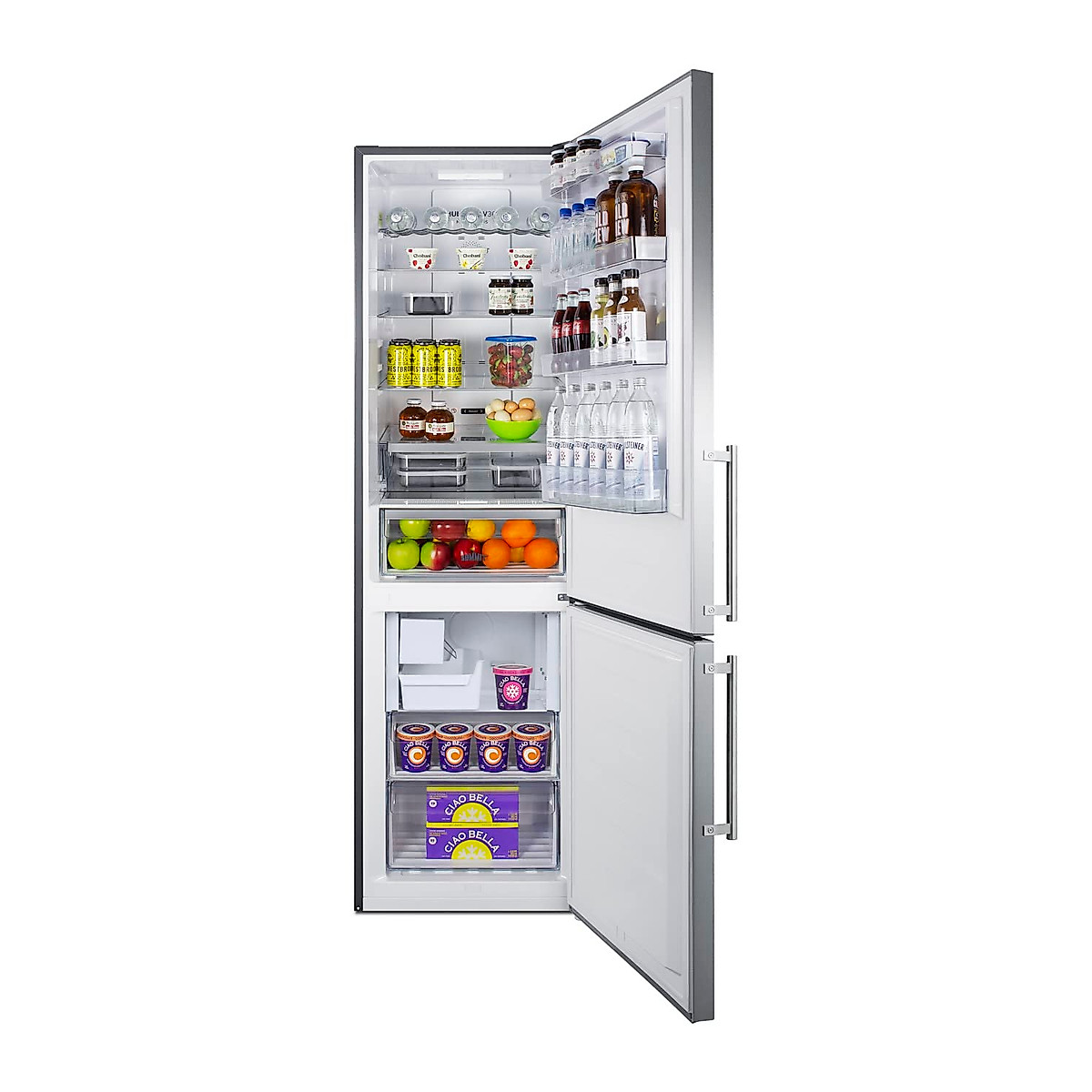 Summit Appliance FFBF181ES2IM 24" Wide Bottom Freezer Refrigerator With Icemaker, 11.7 cu.ft Capacity, Open Door Alarm, Stainless Steel Doors, LED Visual Alarms, No-frost Operation, Multi-Flow Fan