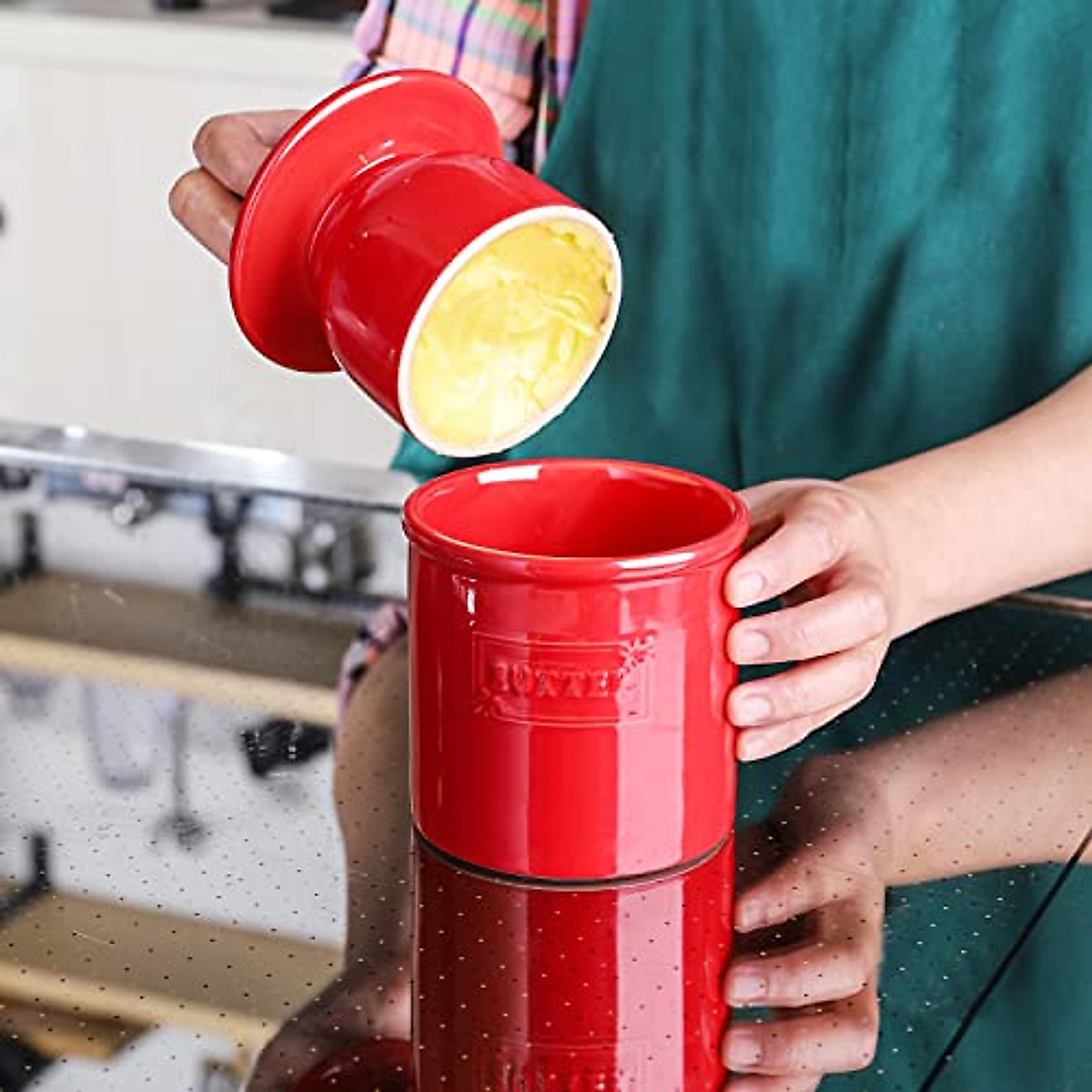 AVLA 2 Pack Ceramic Butter Crock, French Butter Dish with Water Line, Butter Keeper Butter Container for Countertop, Big Capacity, Red