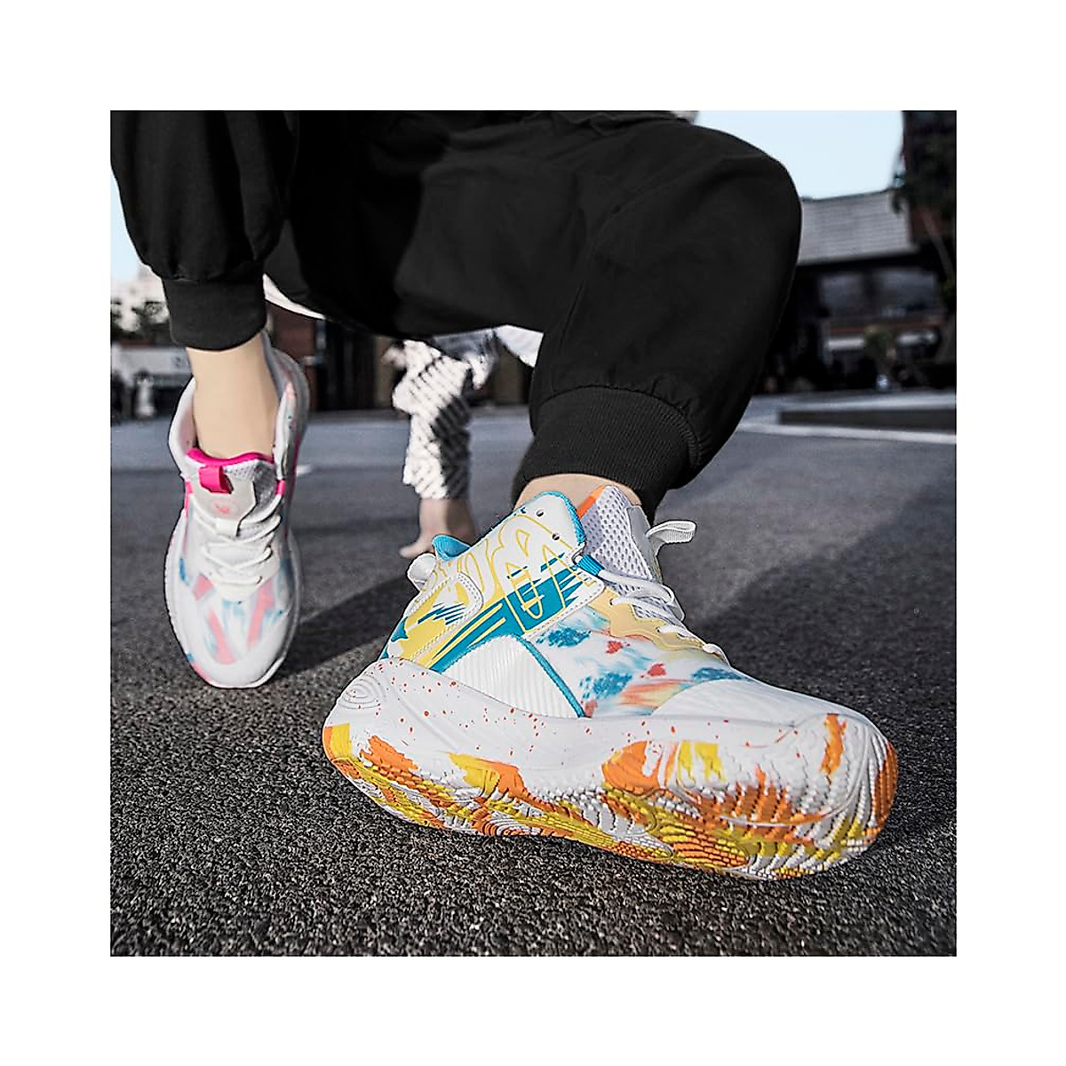 BROHN Men's Women's Basketball Shoes Ultra-Light high-top Fashion Anti-Slip Breathable Sneakers (Orange+Pink, Adult, Women, 7, Numeric, US Footwear Size System, Medium)