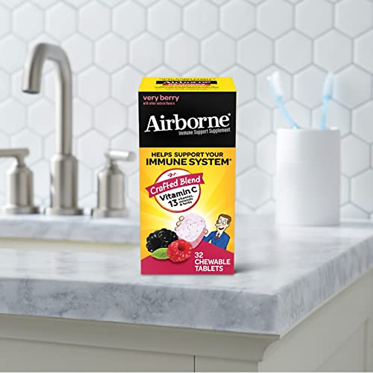 Airborne Vitamin C 1000mg (per serving) - Very Berry Chewable Tablets (32 count in a box), Gluten-Free Immune Support Supplement, With Vitamins A C E, ZINC, Selenium, Echinacea & Ginger, Antioxidants