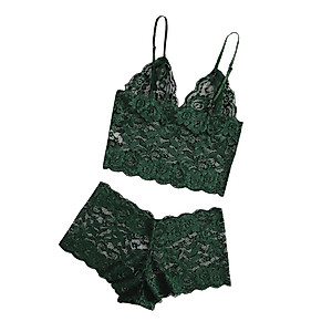 Lilosy Sexy Women Floral Lace Pajamas Lingerie Set High Waist Sheer Sleepwear See Through Nightwear Cami Shorts Bra and Panty 2 Piece Army Green Large