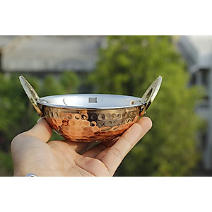 Nexxa -Set of 4, Indian Copper Serveware Karahi Vegetable Dinner Bowl with Handle for Indian Food, Diameter 13 Cm Approx
