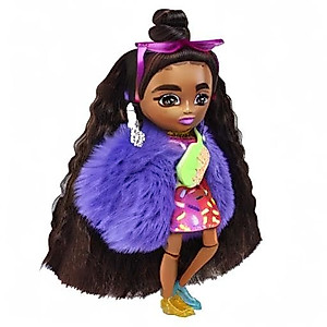 Barbie Extra Minis Doll #1 (5.5 in) Wearing Sprinkle-Printed Dress & Furry Coat with Doll Stand & Accessories Including Micro Sunglasses and Waist Bag, Gift for Kids 3 Years Old & Up​