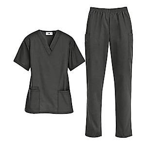 Strictly Scrubs Women’s Scrub Set – Includes V-Neck Top and Elastic Pant (Medium, Pewter)