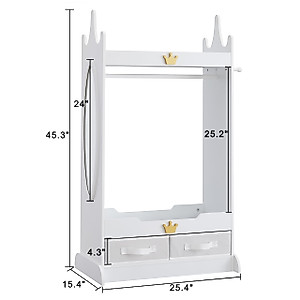 GTOLV Kids Dress Up Storage with Mirror, Kids Armoire with Non-Woven Drawers, Open Costume Closet with Hanging Rack for Toddlers (White)