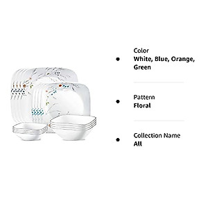 Corelle Adlyn 16pc, Service for 4, Dinnerware Set, 8 plates bowls, Chip & Break Resistant, Dinner Plates and Bowls, Corelleware White, Blue, Orange, Green