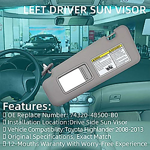 Dasbecan Front Left Driver Side Sun Visor with Light Compatible with Toyota Highlander 2008-2013 74320-48500-B0 (Gray)