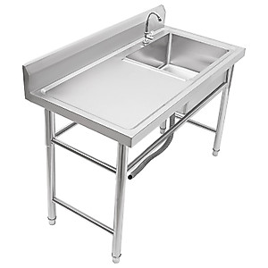 YSHUSTGY Compartment Stainless Steel Cabinets Commercial Kitchen Prep Sink Wash Table,Commercial Kitchen Prep Utility Sink W/Drainboard+Compartment Stainless Stee,Work Station Ledge