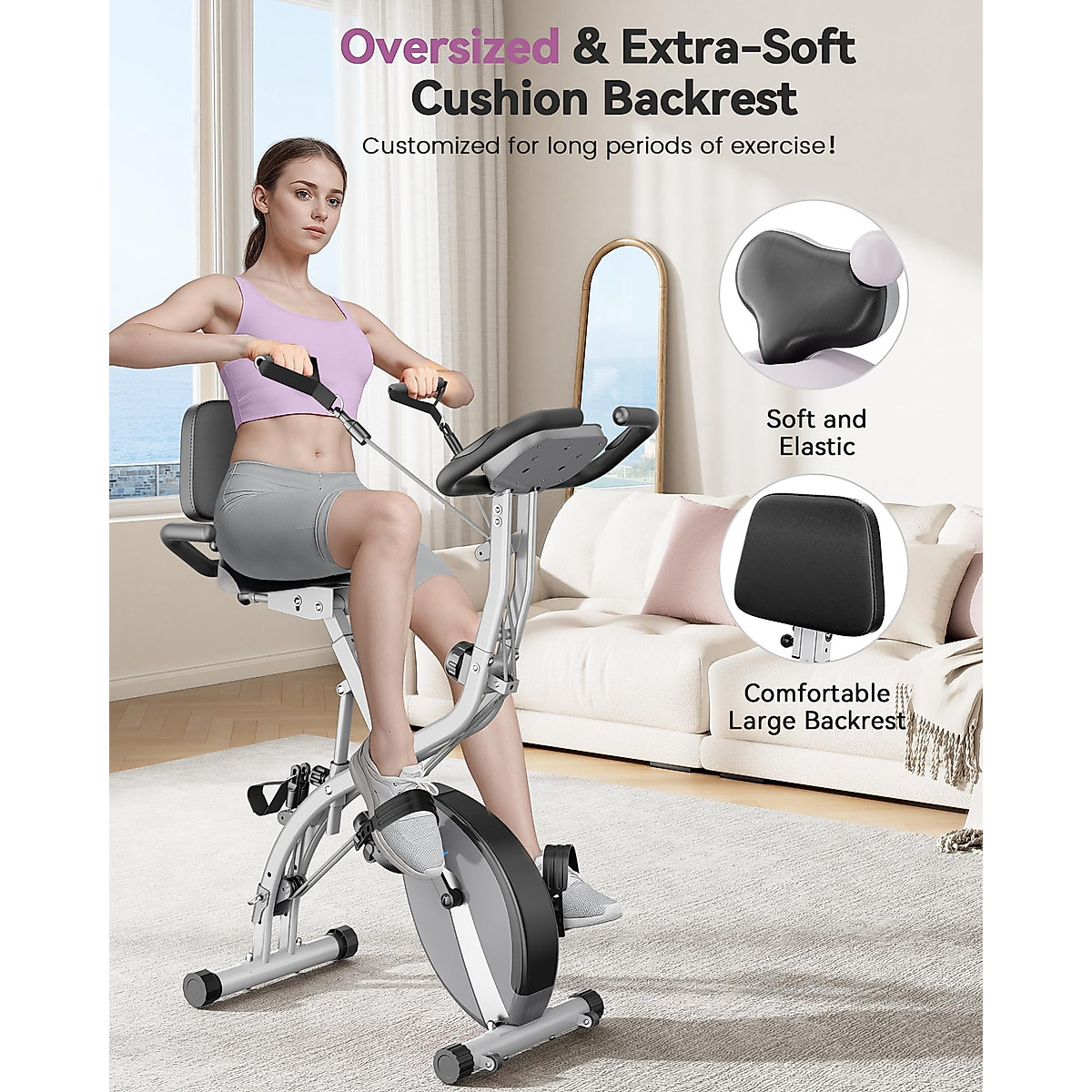 PLENY Folding Exercise Bike, Indoor Stationary Bike 16-Level Magnetic Resistance with Arm Resistance Band, Back Support Cushion Workout Bike for Home Workout Gym - Gray