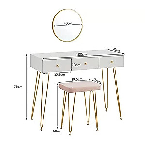 White Dressing Table Bedroom Vanity Table Chair Set with Cushioned Stool Wall Mount Mirror 3 Drawers Gold Hairpin Legs Makeup Table