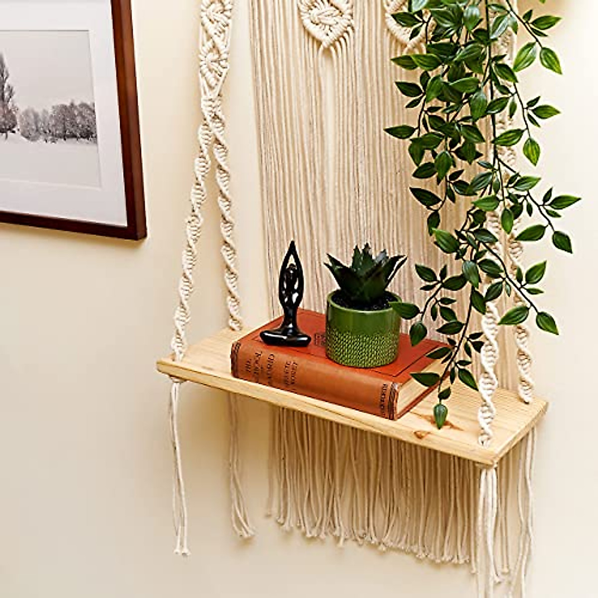 Macrame Wall Hanging Shelf, Boho Indoor Woven Plant Shelf for Wall Decor. Handmade Natural Cotton Macrame Wall Shelf for Plants. Indoor Plant Hanger