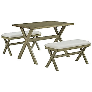 UBGO Chair for 4, 3 Piece Modern Leisure Set with 2 Upholstered Bench Rectangular Table for Kitchen, Dining Room, Restaurant, Apartment Small Space Furniture, Gray Green