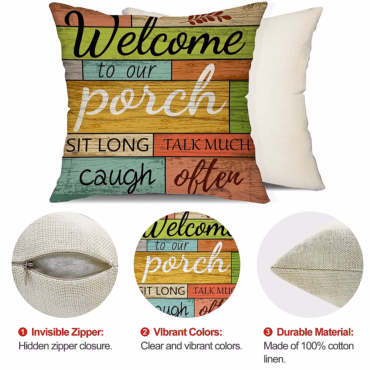 DFXSZ Summer Retro Outdoor Throw Pillow Covers 18x18 Inch Set of 4 Welcome to Our Porch Sign and Breathe Letter Decor Pillow Covers for Swing Garden Hammock Chair Sofa