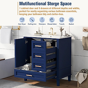 LostCat 30-inch Navy Bathroom Vanity with Sink - Solid Wood,Bathroom Vanity Cabinet with 2 Drawers + 1 Tip-Out Drawer,Soft Close Doors,Easy Assembly