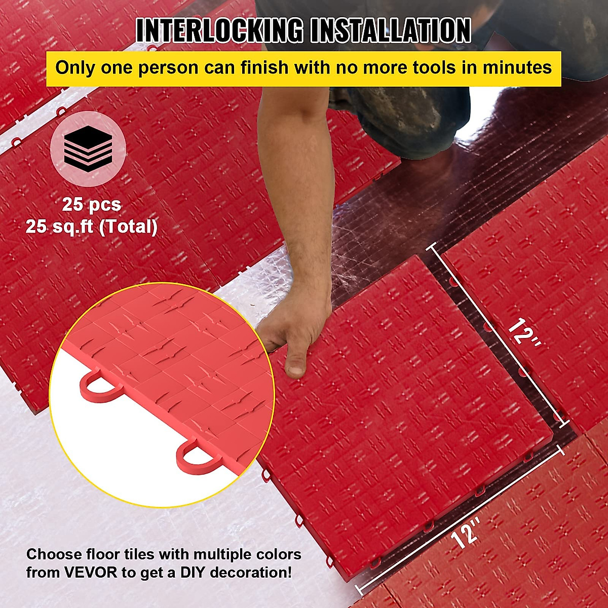 VEVOR Garage Tiles Interlocking, 25 pcs Red 12" x 12" Garage Floor Covering Tiles, Non-Slide Diamond Plate Garage Flooring Tiles Support 55000 lbs for Basement, Gym