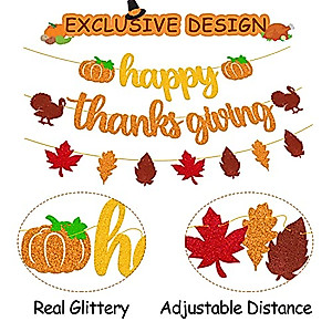 Happy Thanks Giving Banner Fall Leaves Garland Thanksgiving Day Autumn Turkey Theme for Happy Thanksgiving Party Glitter Gold Decoration