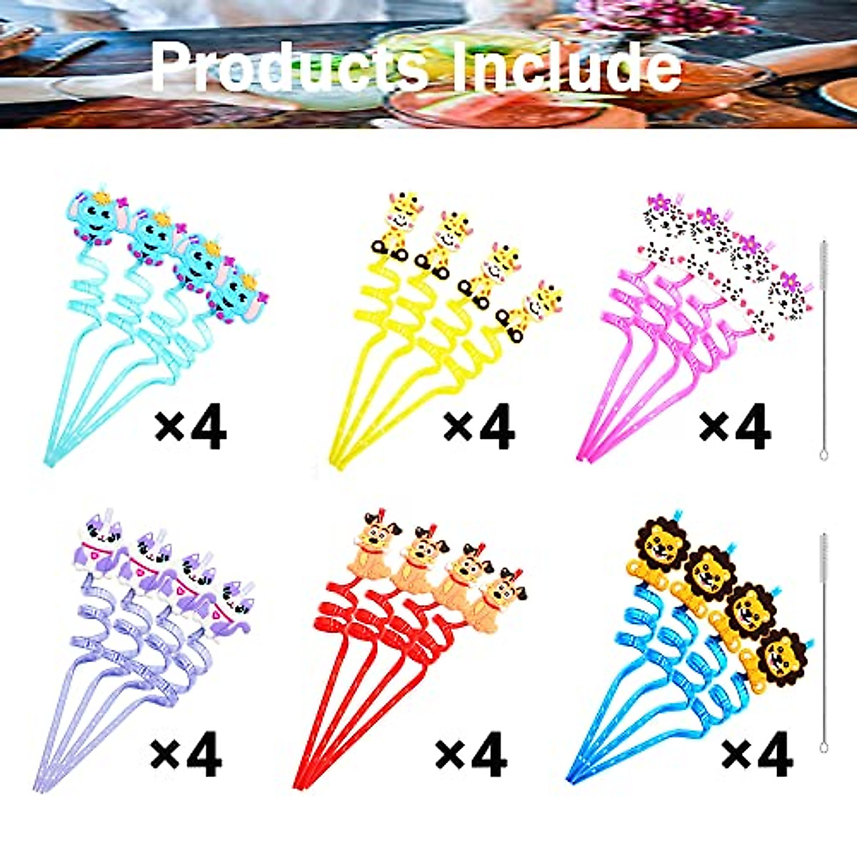 zhenzhe 24 Jungle Party Favors Reusable Straws, Jungle Animal Plastic Straws, Animal Theme Drinking Straws for Kids Jungle Birthday