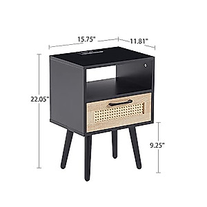 Exquisite Nightstands Set of 2, Night Stands with Power Outlet & USB Ports,Rattan Decor Drawer, Bed Side Tables with Solid Wood Feet, End Table, for Bedroom, Living Room, Dormitory - Black