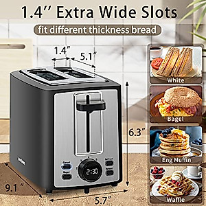 SEEDEEM Toaster 2 Slice, Bread Toaster with LCD Display, 7 Shade Settings, 1.４'' Variable Extra Wide Slots Toaster with Cancel, Bagel, Defrost, Reheat Functions, Removable Crumb Tray, 900W, Carbon Black