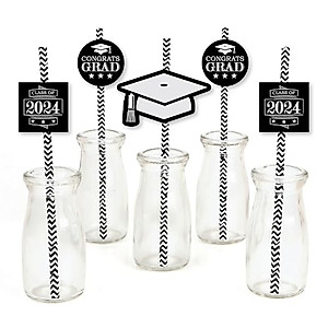 Big Dot of Happiness Graduation Cheers Paper Straw Decor - 2024 Graduation Party Striped Decorative Straws - Set of 24