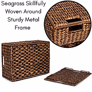 BIRDROCK HOME Seagrass Floor Baskets with Lids - Set of 3 - Brown Wash - Hand Woven Container for Blankets Pillows - Sturdy Metal Frame - Organization - Storage