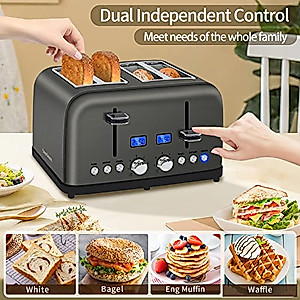 SEEDEEM Toaster 4 Slice, Bread Toaster with LCD Display, 6 Shade Settings Stainless Toaster, 1.5'' Wide Slots, Digital Toaster for Bagel, Defrost, Reheat, Dual Control, Removable Crumb Tray, 1500W, Dark Metallic