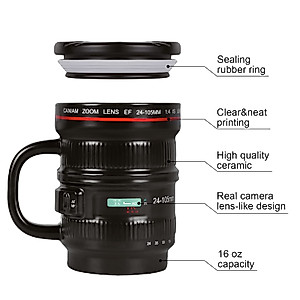 Cabtnca Camera Lens Coffee Mug, Camera Lens Mug, Photographer Gifts, Cool Gifts for Photographers, Ceramic Camera Mug, Photography Gifts Christmas, Camera Lens Cup with Lid and Handle, 16Oz