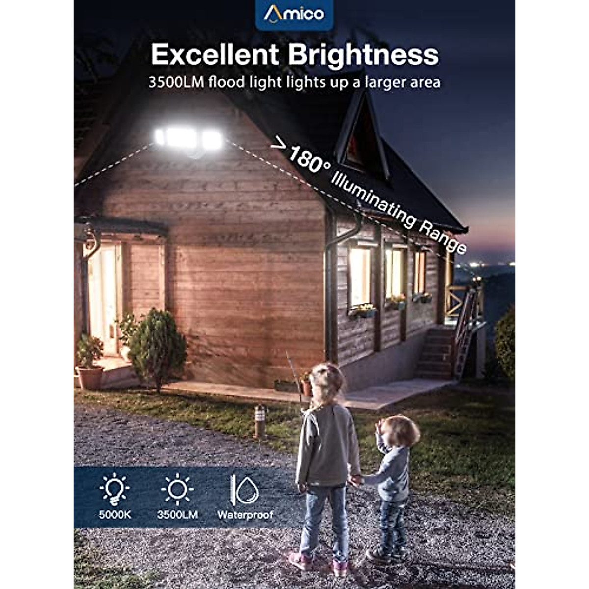 Amico LED Flood Lights Outdoor 3500LM Security Light, 30W Bright Outdoor Flood Light, 5000K Daylight White, IP65 Waterproof 3 Adjustable Heads for Garage, Backyard, Patio, Garden, Porch&Stair(White)