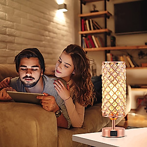 Hong-in Crystal Table Lamp, Rose Gold Lamp with USB Ports, 3 Way Dimmable Light with Crystal Lampshade, Bedside Lamp Small Touch Light for Living Room Bedroom Home, Charge Phone (Bulb Included)