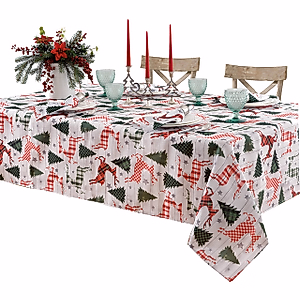 Newbridge Merry Reindeer Prance Country Rustic Christmas Fabric Tablecloth, Fun Cottage Reindeer and Xmas Tree Plaid Easy Care Holiday Tablecloth, 52” x 52” Square